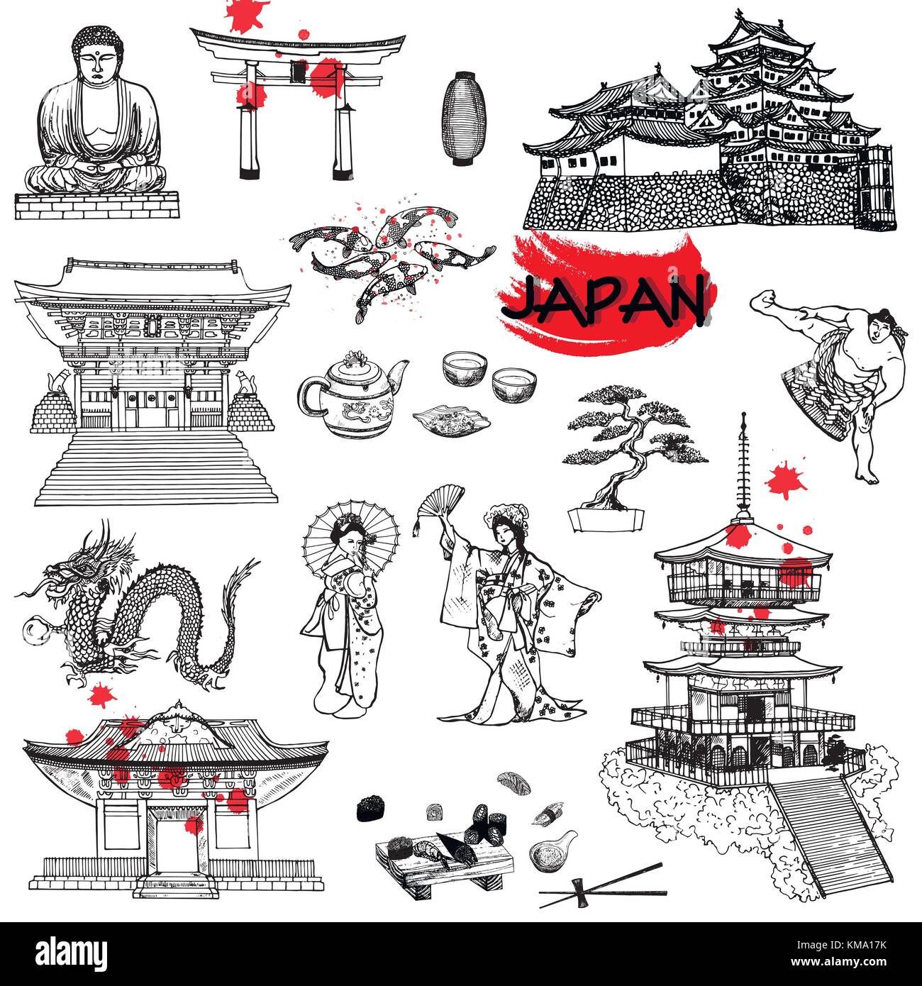 Set of hand drawn sketch style Japanese themed objects. Vector ...