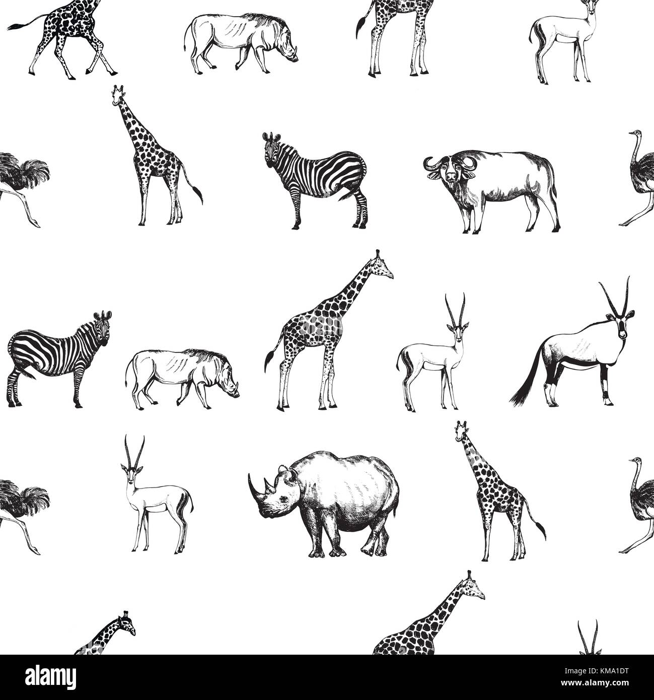 Seamless pattern of hand drawn sketch style African animals. Vector ...