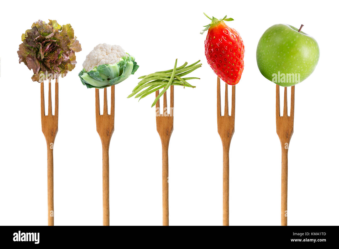 healthy eating: five wooden fork with fruit and vegetable, on white ...