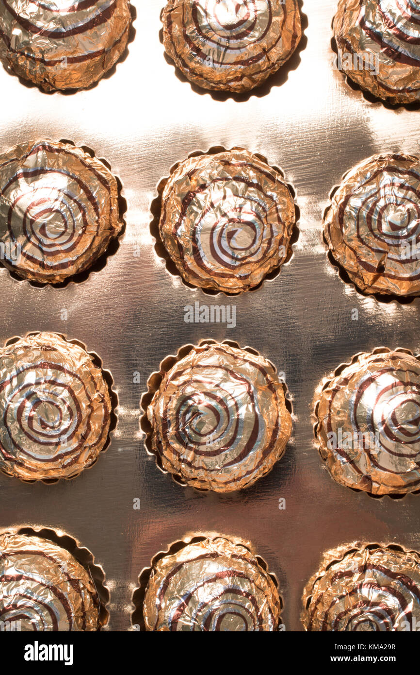 Box of sweet round chocolate candies for christmas celebrations Stock ...