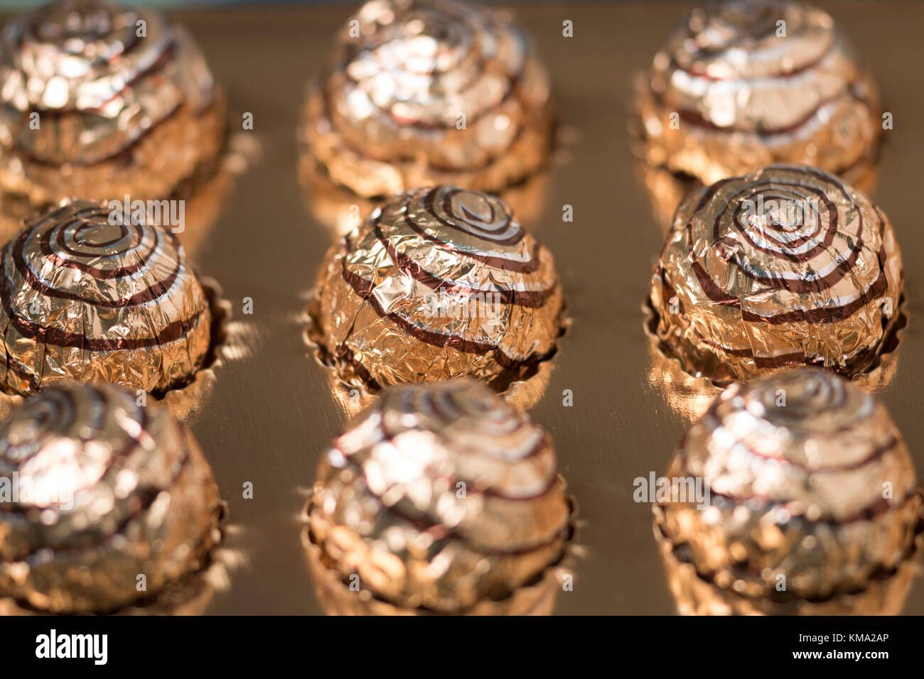 Box of sweet round chocolate candies for christmas celebrations Stock ...