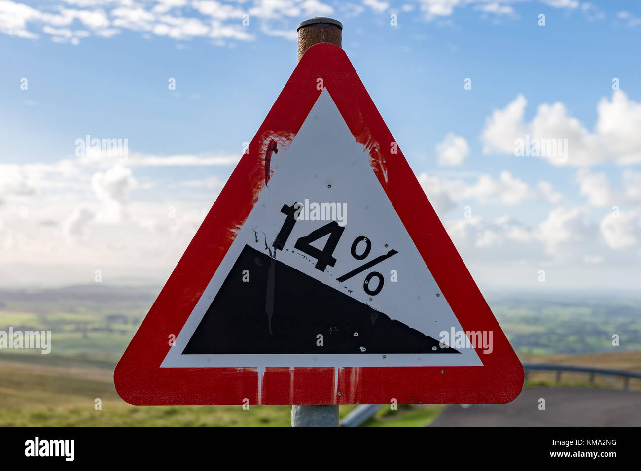 Sign: "14% Descent", seen on the B6270, near the Nine Standards Rigg ...