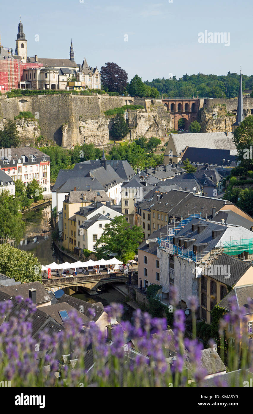 The Alzette river flows across lower city, Grund, Luxembourg-city ...