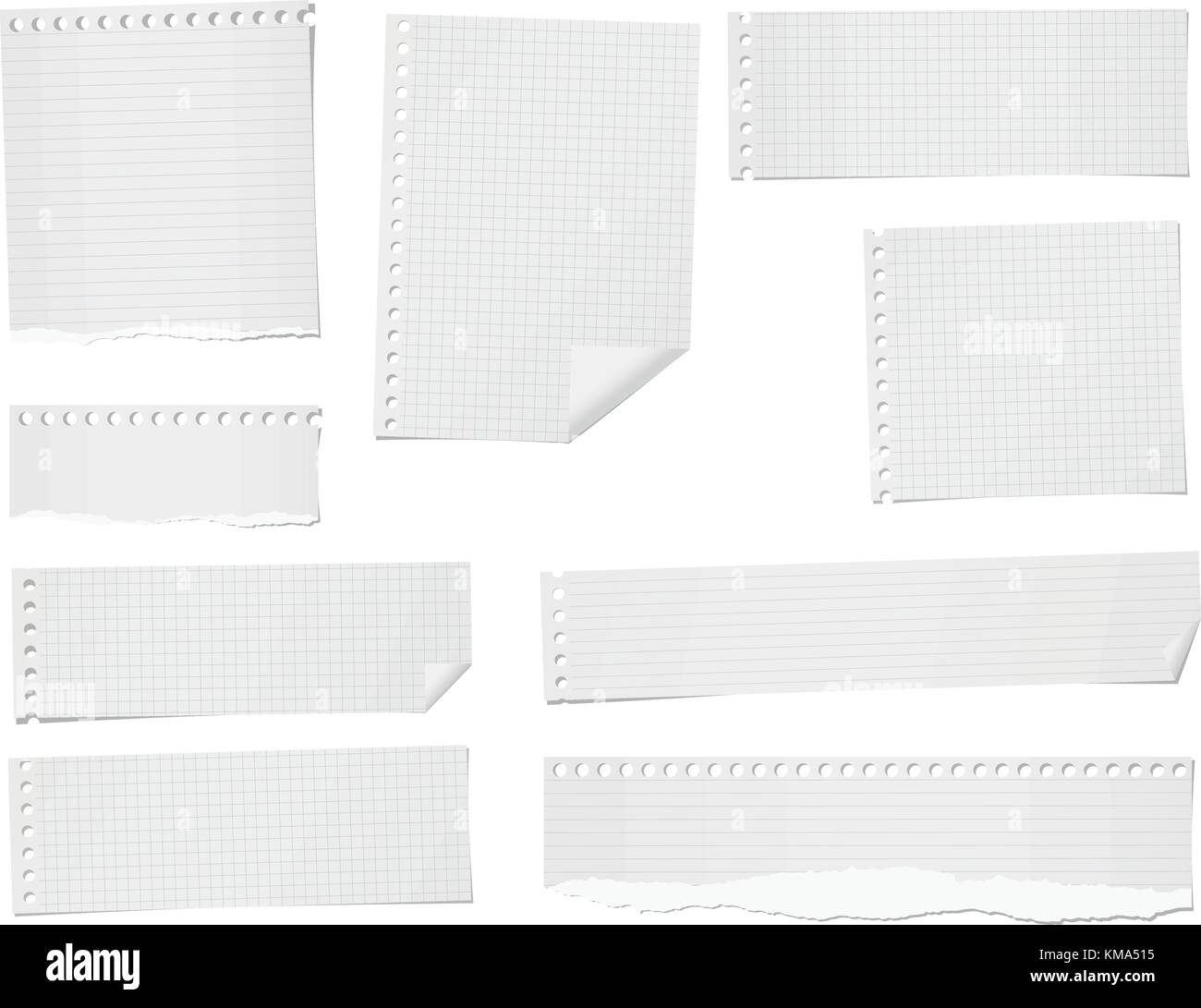 Ripped lined, squared note, notebook paper sheets for text or message ...