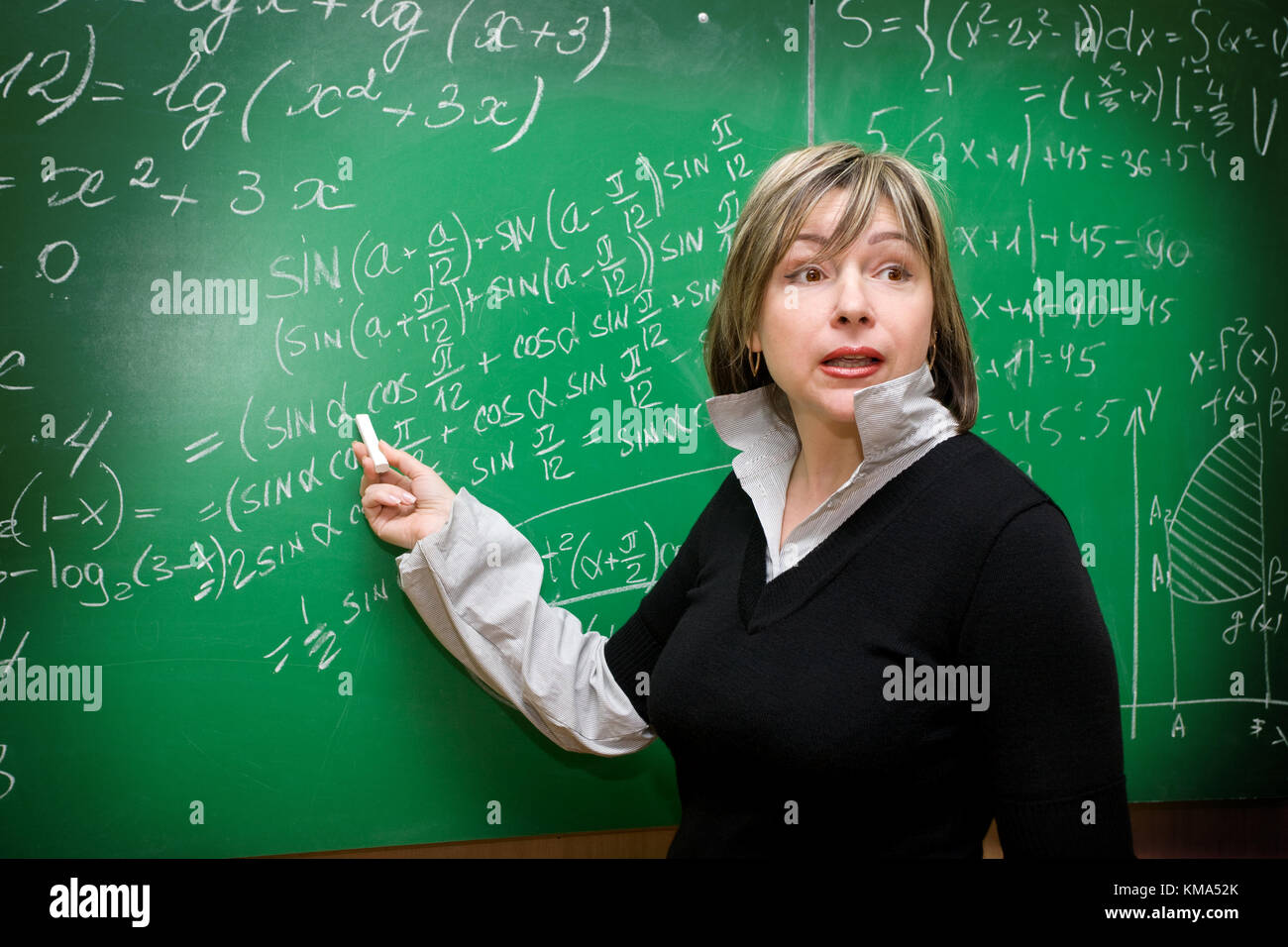 Teacher pointing at blackboard teaching mathematics Stock Photo - Alamy