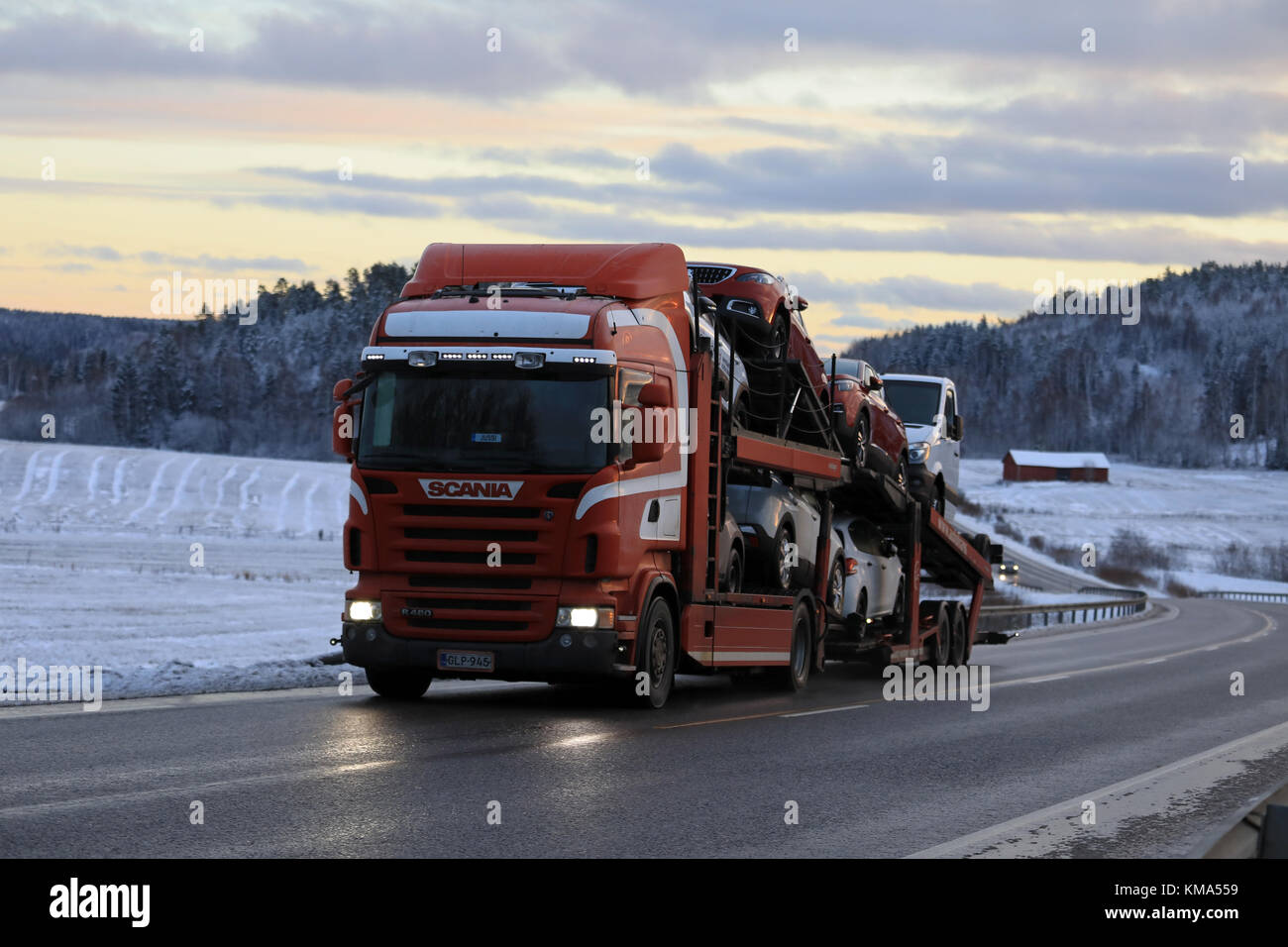SALO, FINLAND - DECEMBER 2, 2017: Red Scania R480 car carrier hauls new ...
