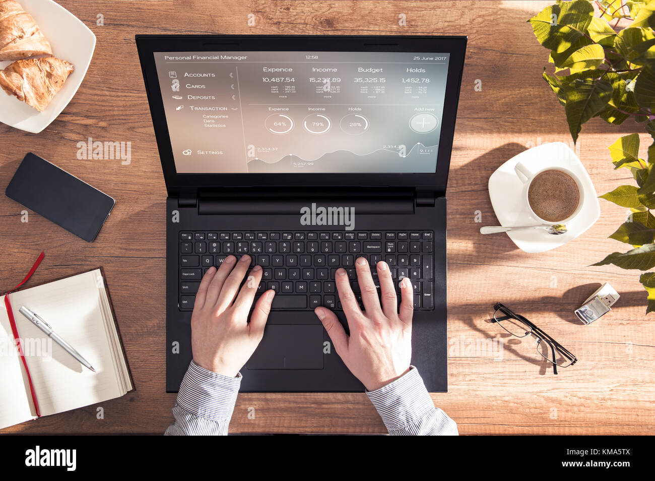 Man is sitting at the computer and checks out his finance status ...