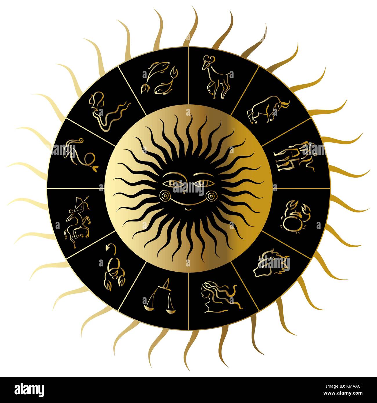 Zodiac circle with horoscope signs. Sun with smile. Vector hand drawn ...