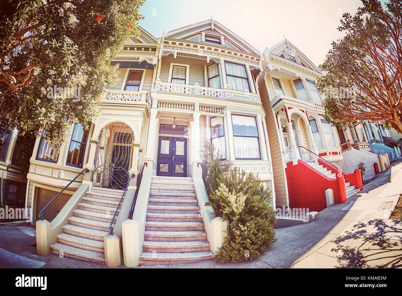 Vintage stylized fisheye lens picture of the Painted Ladies houses seen ...