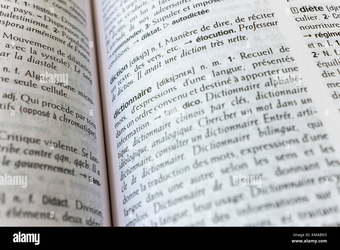 Close up of French - French dictionary. It show the word 'dictionnaire ...