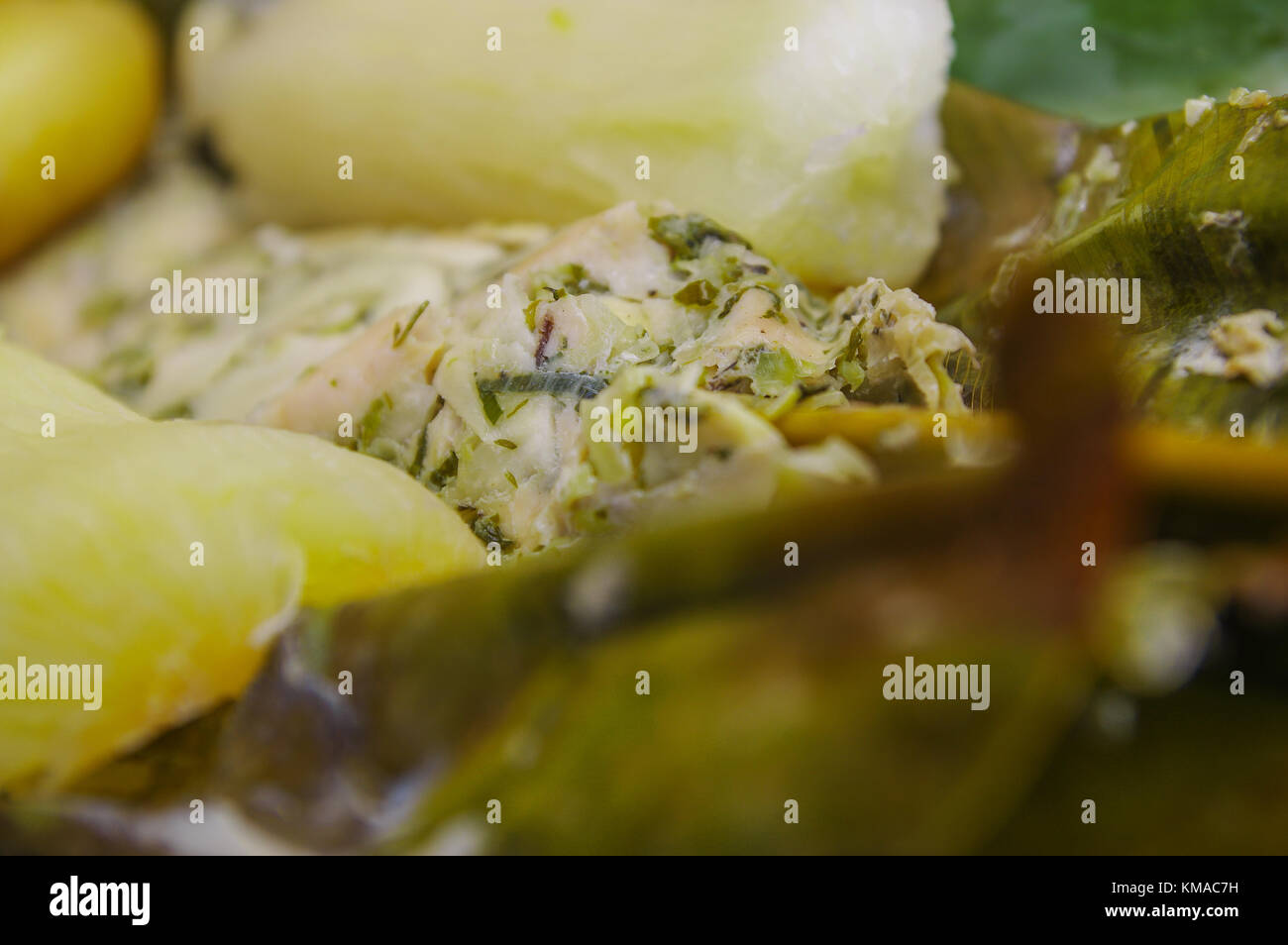 Close up of delicious typical amazonia food, fish cooked in a leaf with ...