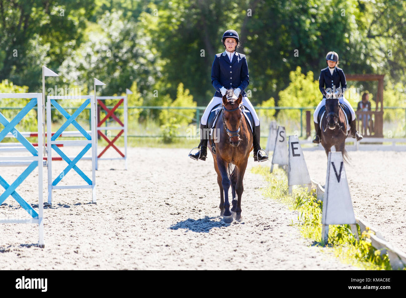Young rider girl on bay horse before dressage competition. Equestrian ...
