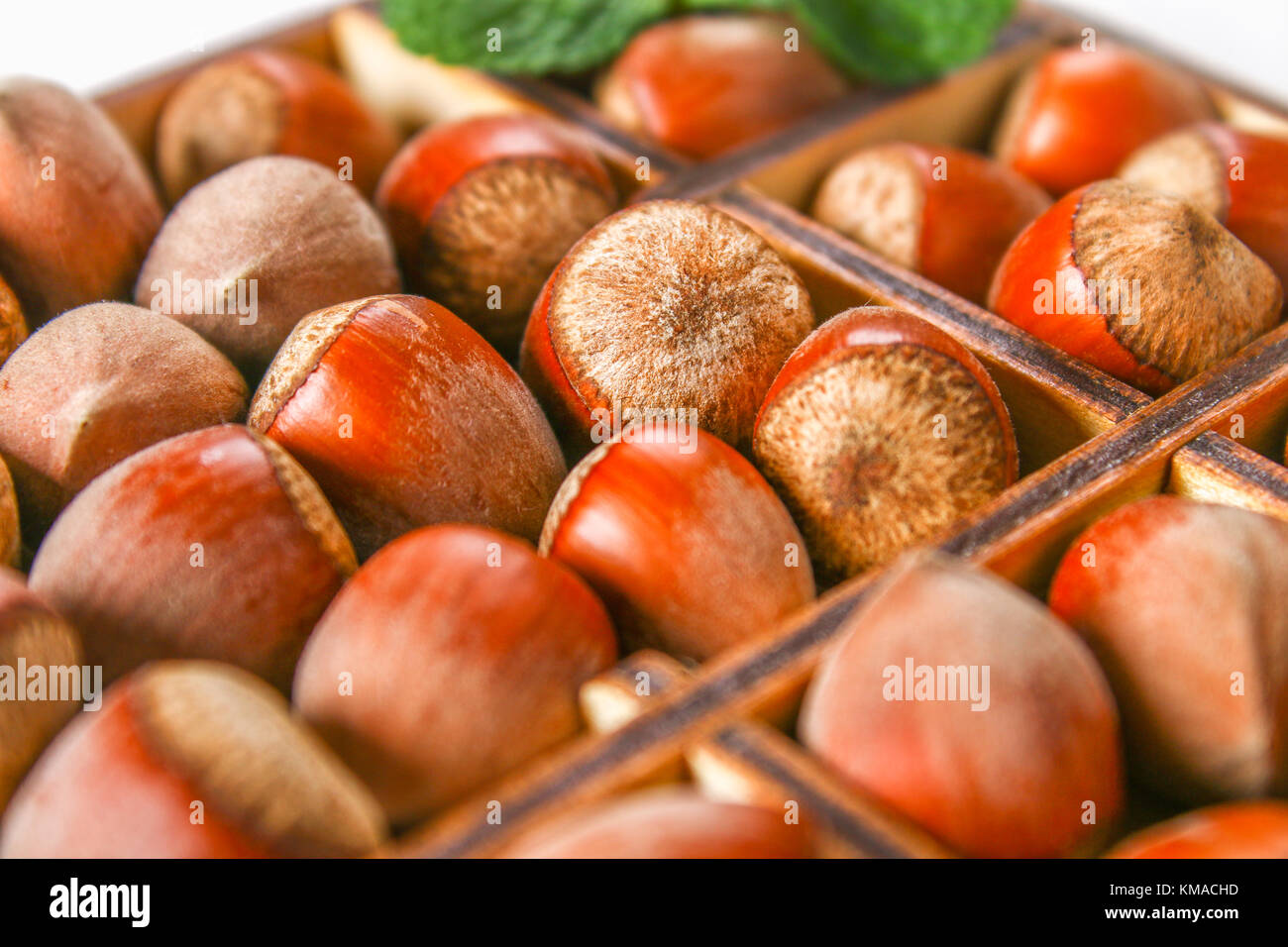 Walnut hazelnuts in a square wooden box with dividers on a white wooden ...