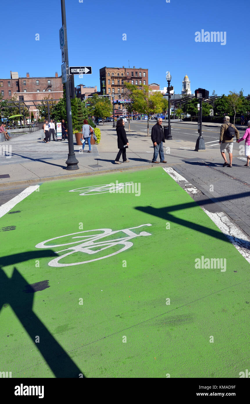 Green cycleway at street crossing at John F Fitzgerald Surface Road on ...