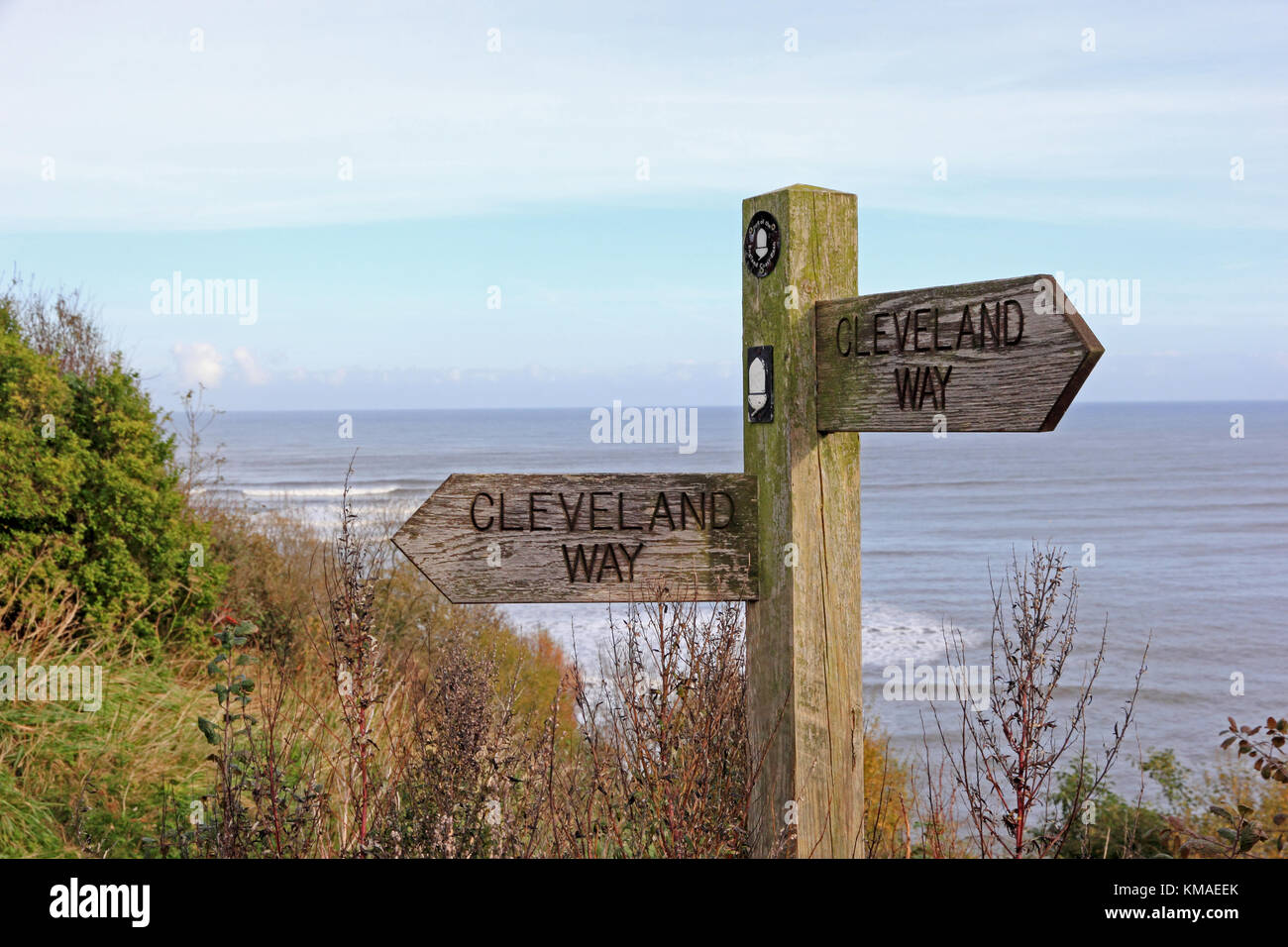 Cleveland Way sign above Robin Hood's Bay, North Yorkshire Stock Photo ...