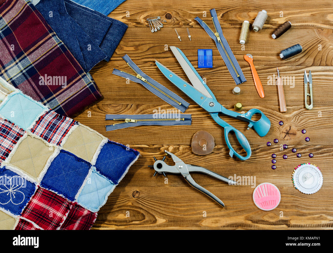 Accessory of the tailor and patchwork - sewing background Stock Photo ...