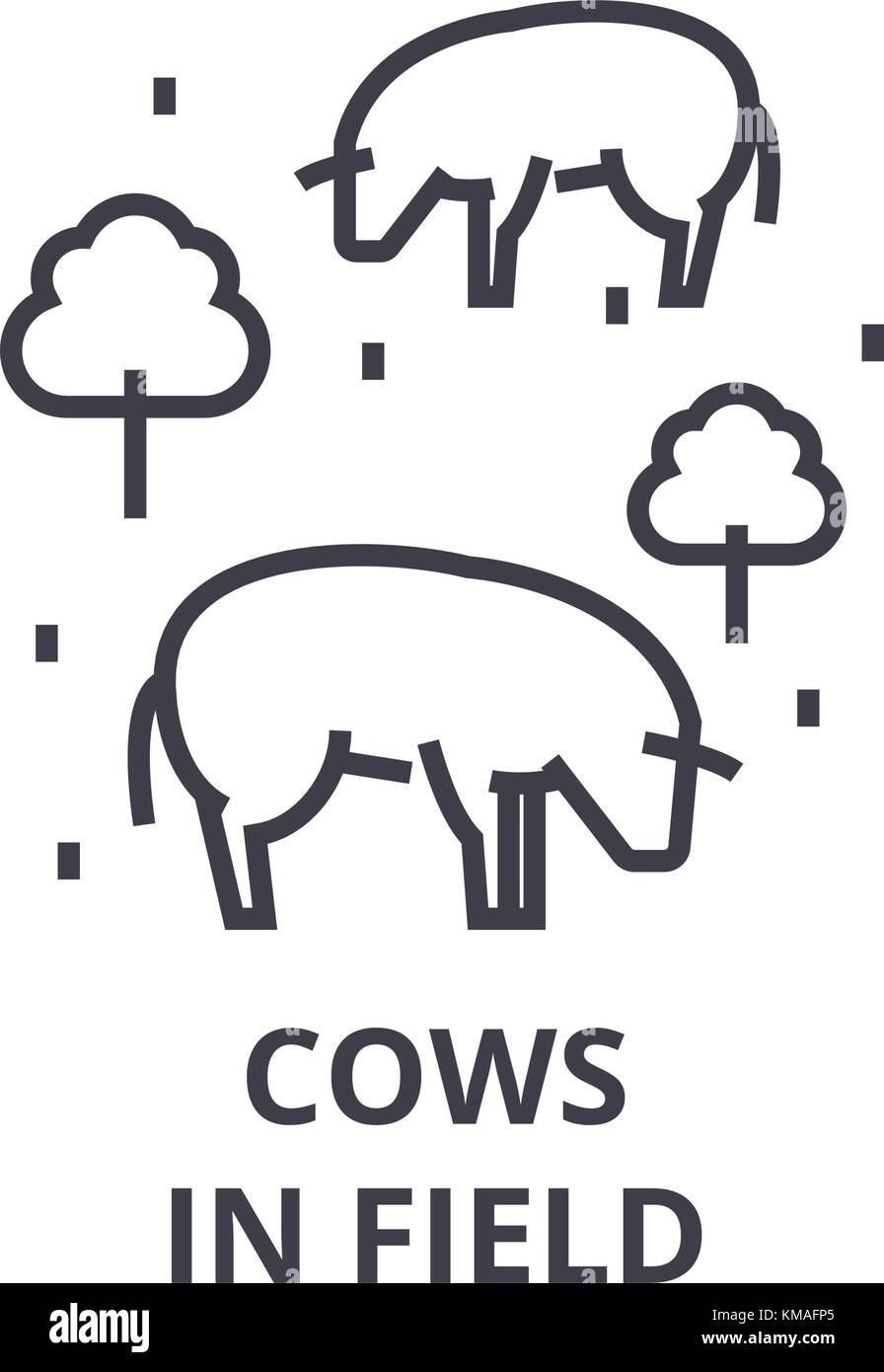 cows in field line icon, outline sign, linear symbol, vector, flat ...