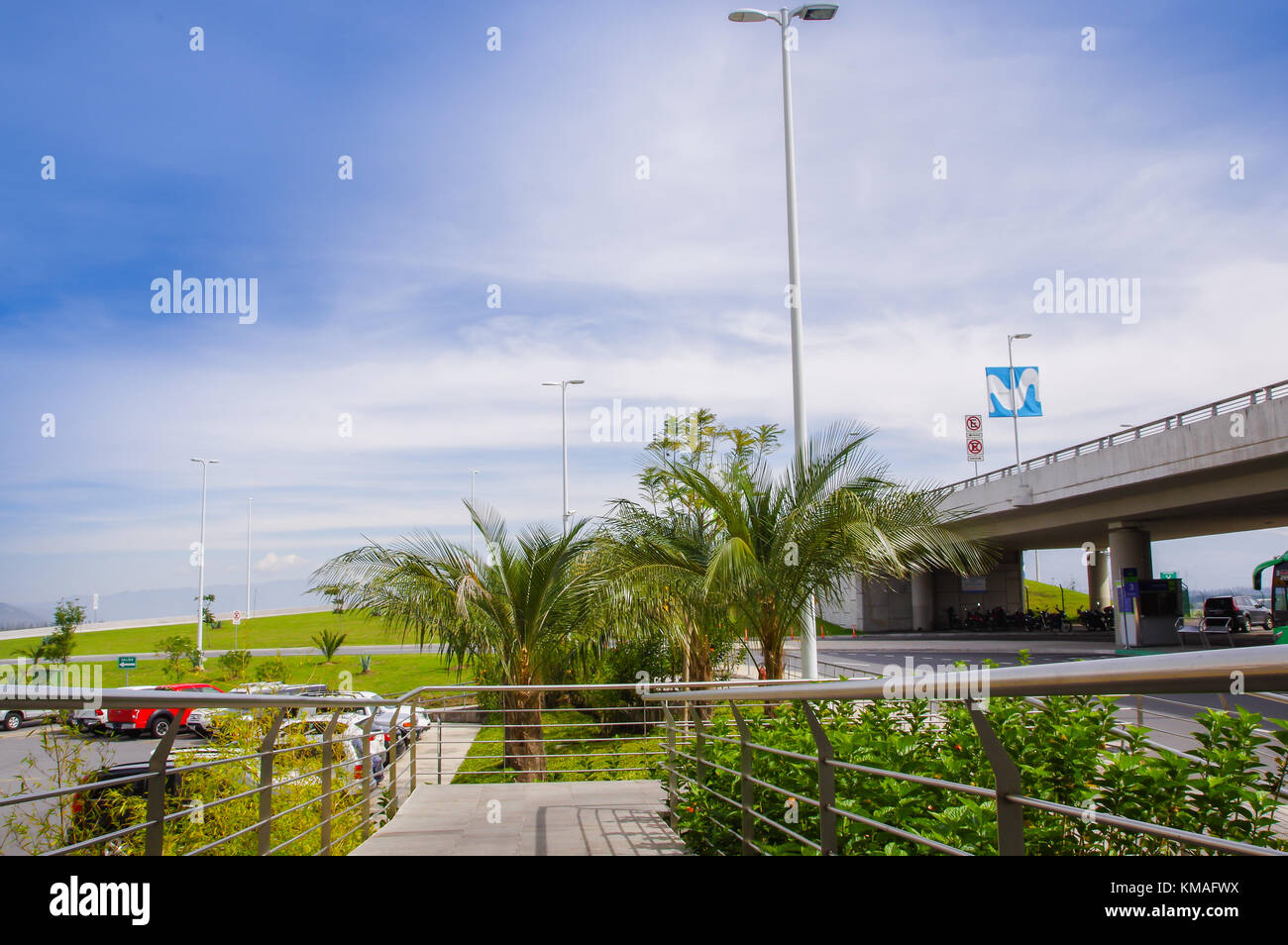Quito, Ecuador - November 23 2017: Beautiful outdoor view of Bus parked waiting for passenger in ...