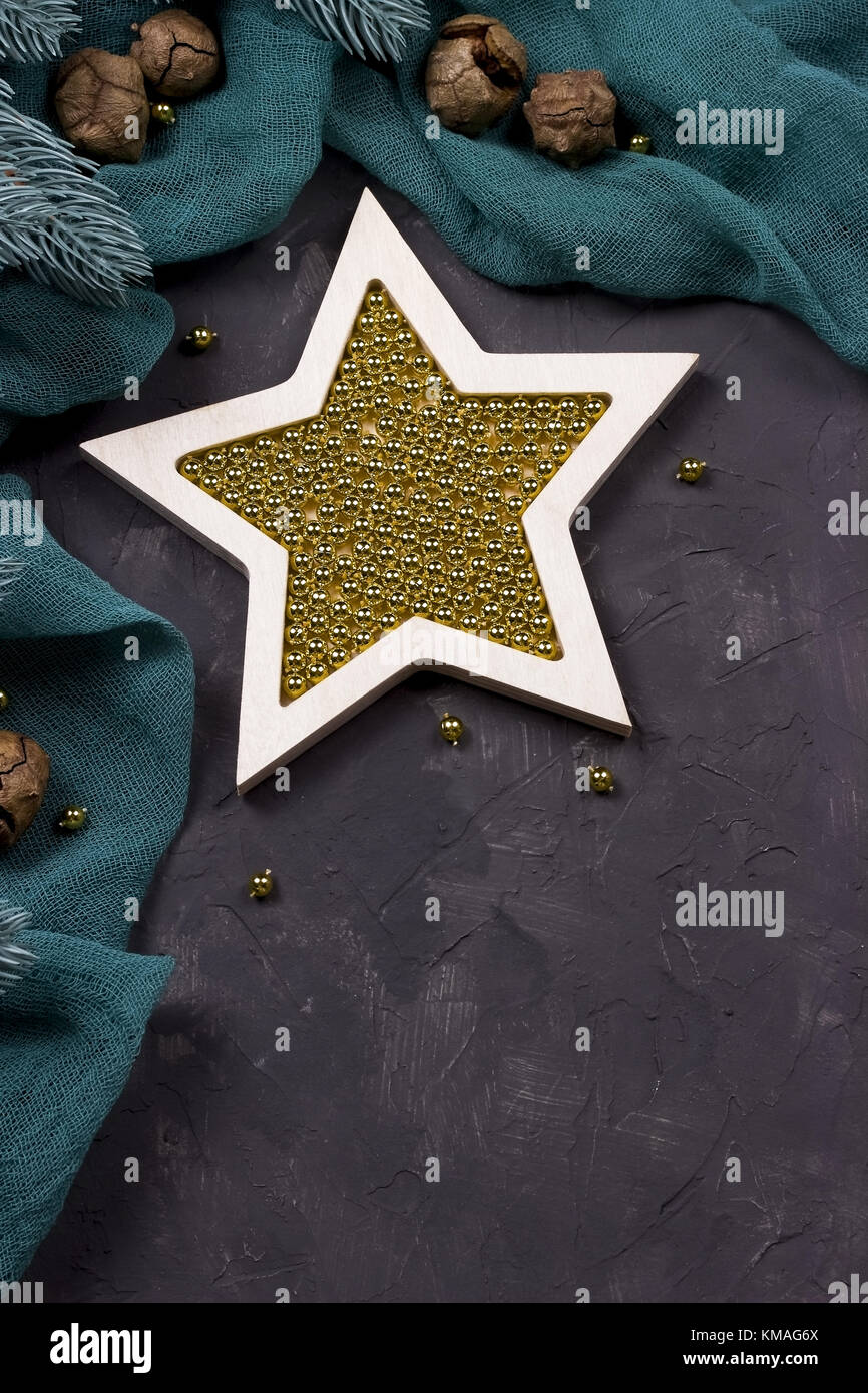 Christmas decoration with wooden star cones and fir branches Stock ...