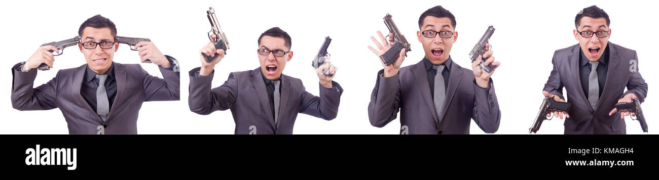 Funny businessman with gun on white Stock Photo - Alamy