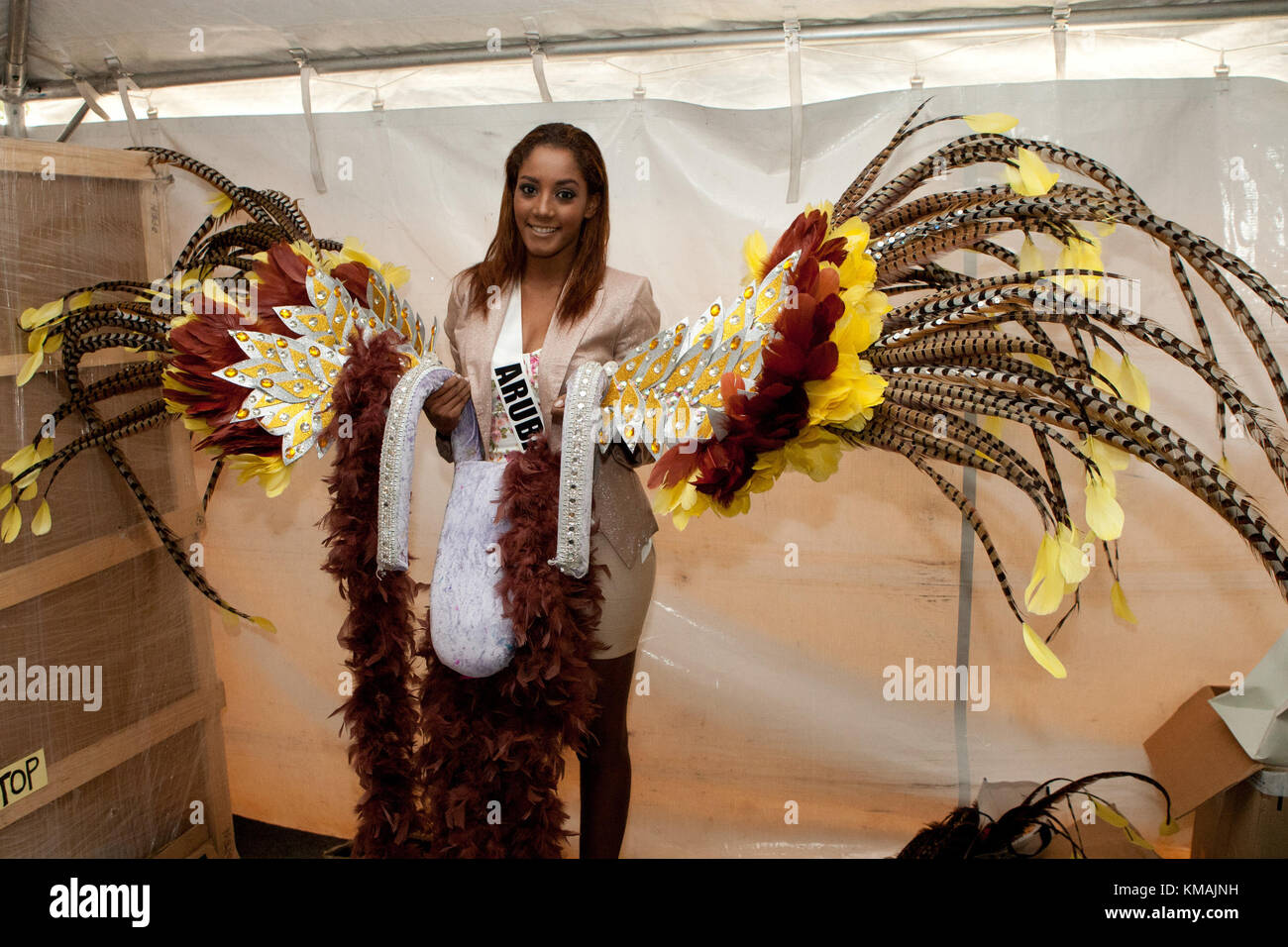 DORAL, FL - JANUARY 21: Digene Zimmerman, Miss Aruba 2014, tries on her ...