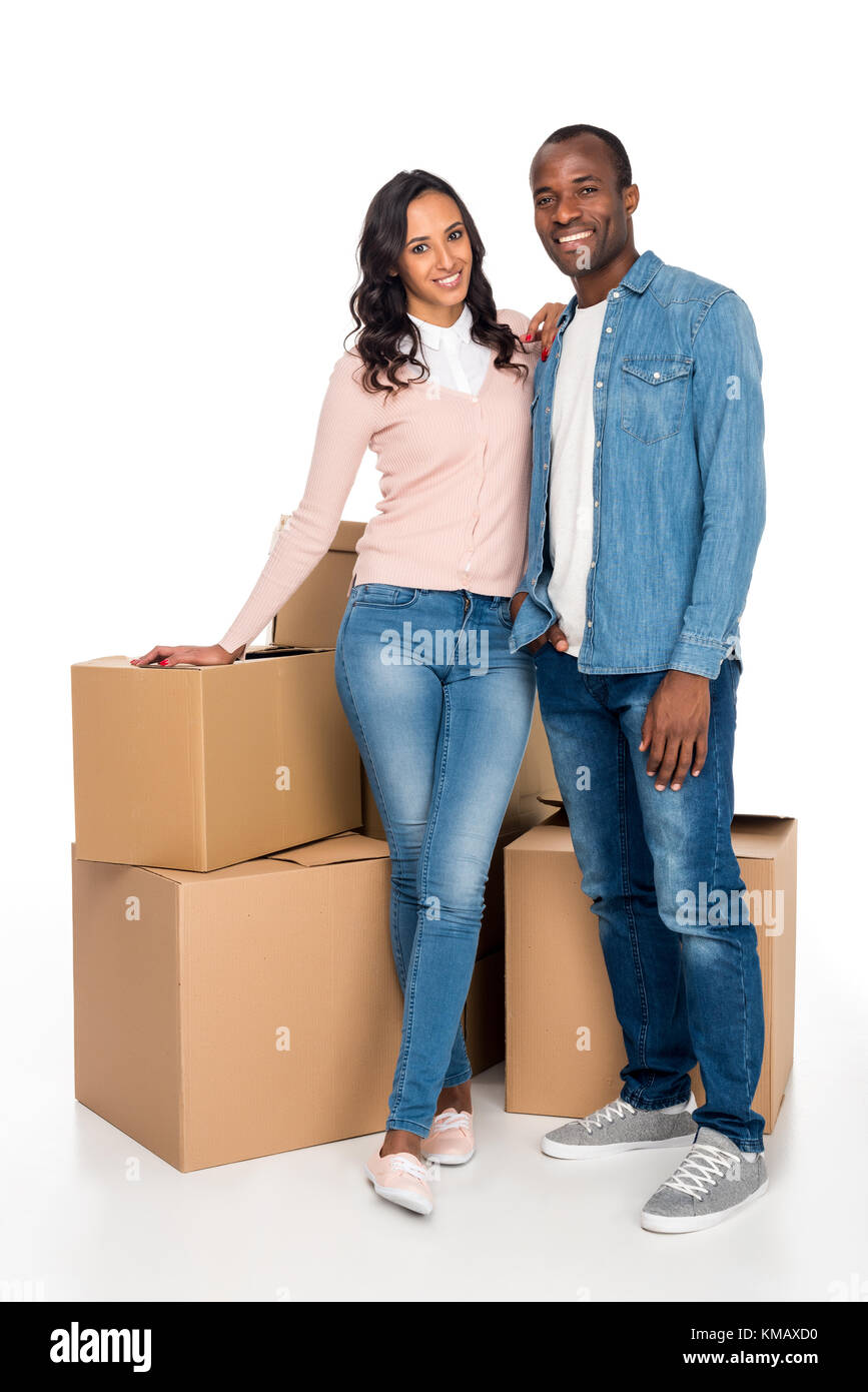african american couple with cardboard boxes Stock Photo - Alamy