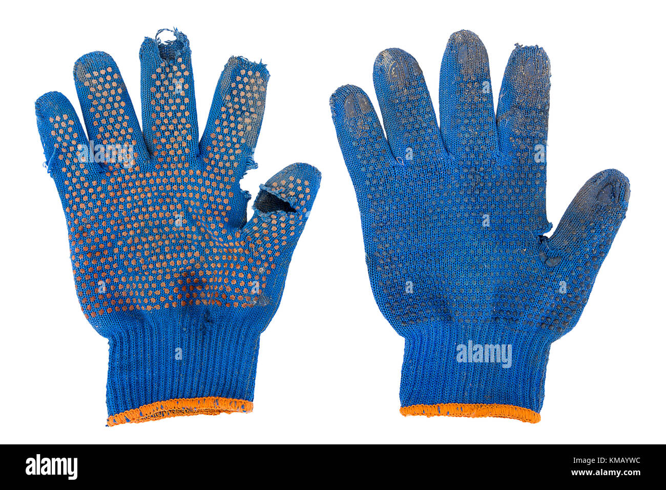a pair of torn blue gloves on a white background Stock Photo - Alamy