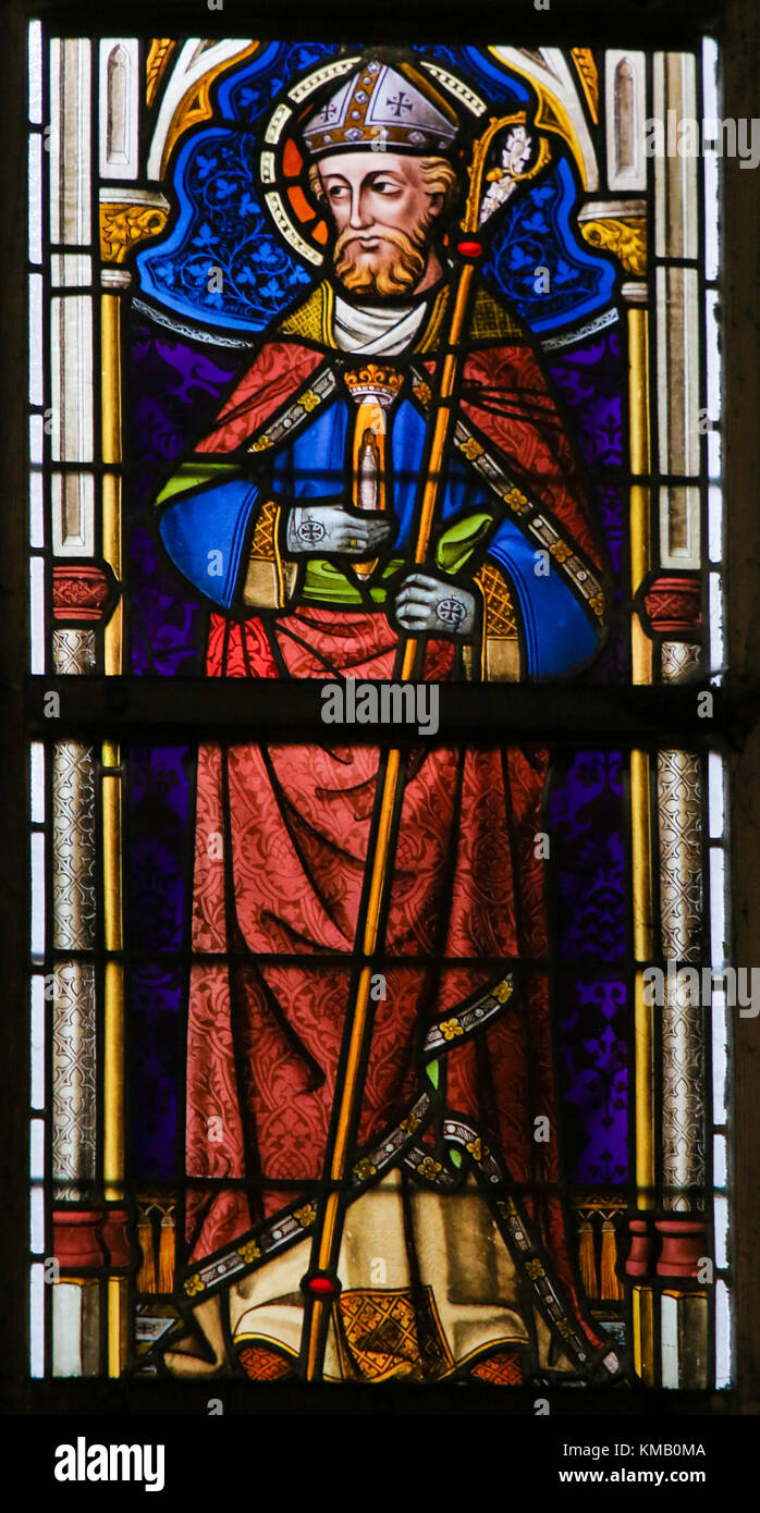Stained Glass window depicting a Catholic Saint in Bishop's clothing ...