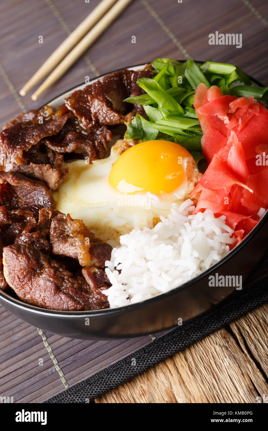 Japanese Beef Rice Bowl, Gyudon close-up in a bowl on the table ...
