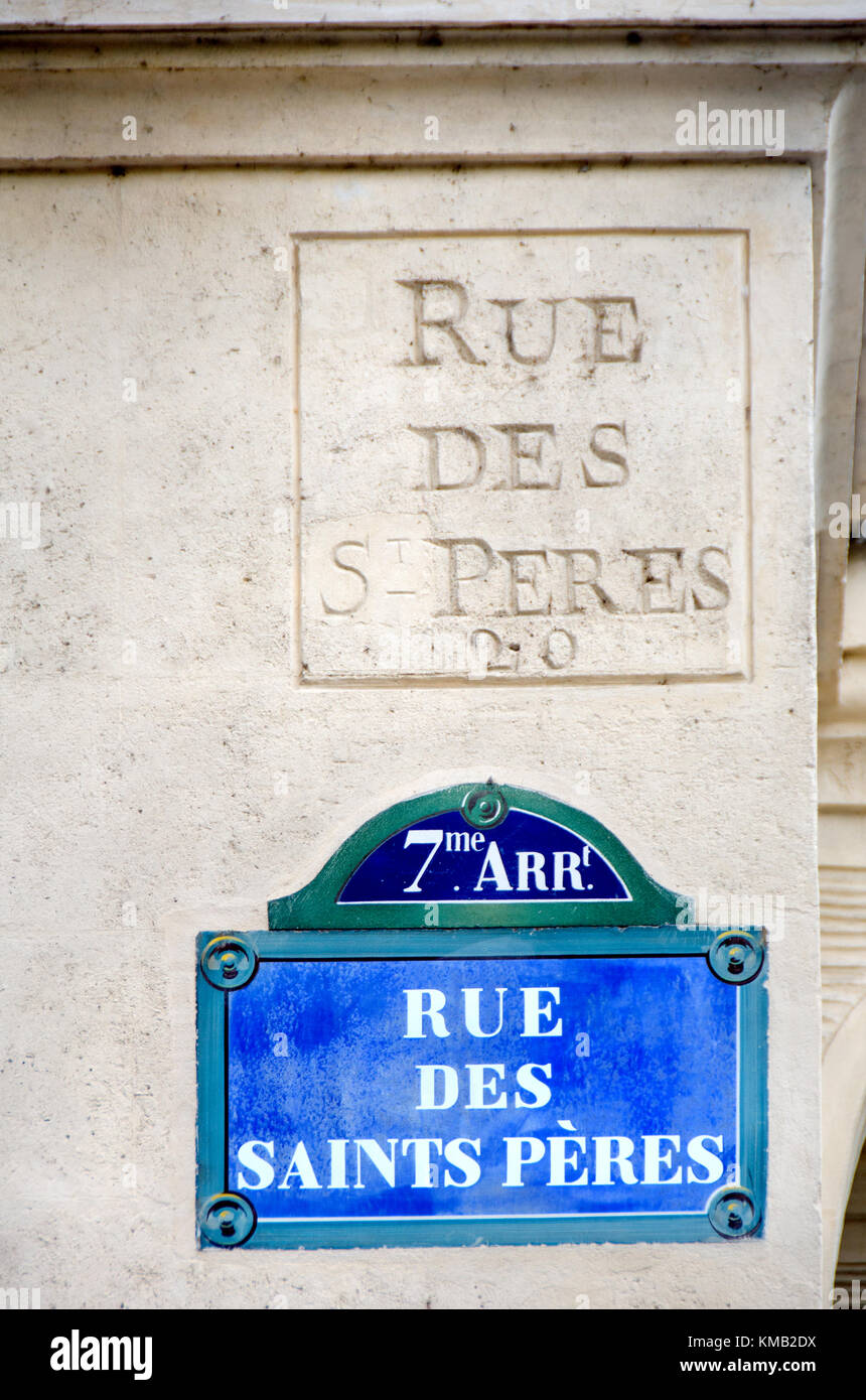 Paris, France. Street sign: Rue des Saints Peres - name carved in the ...