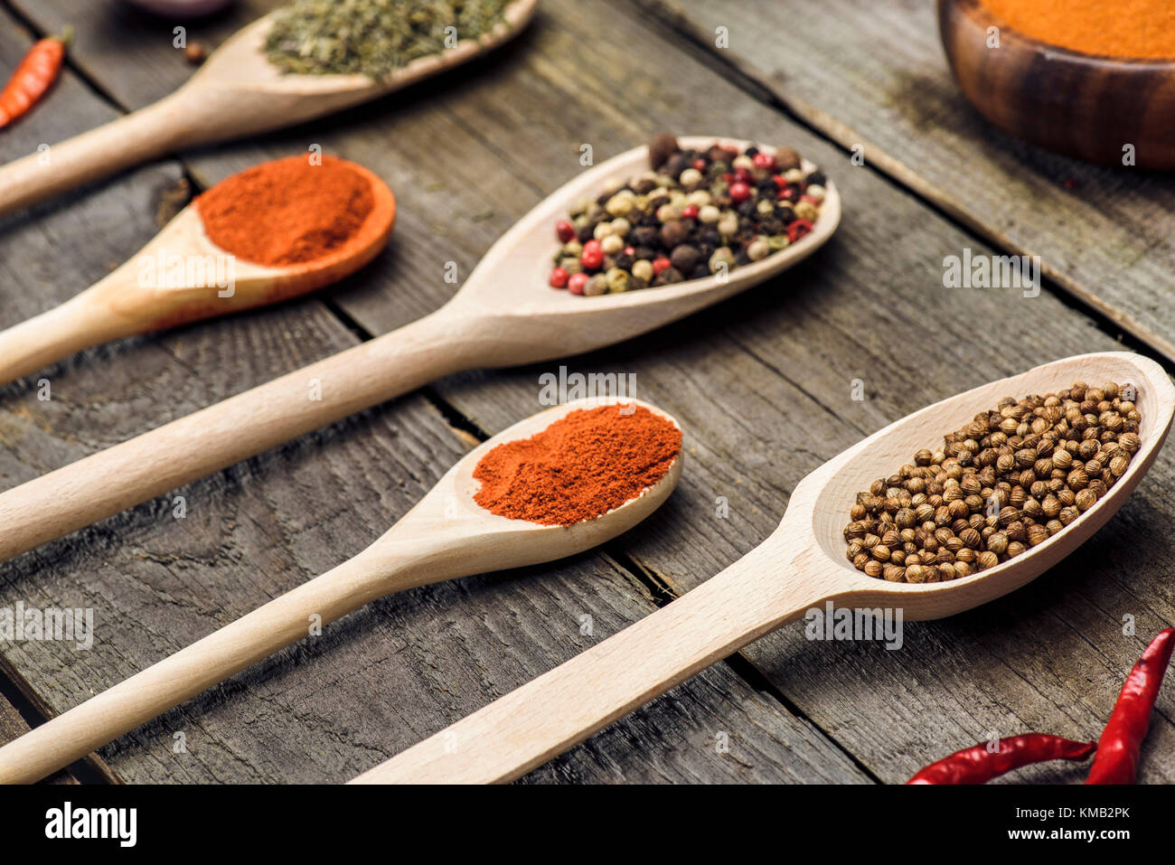 Wooden ladles with different spices Stock Photo - Alamy