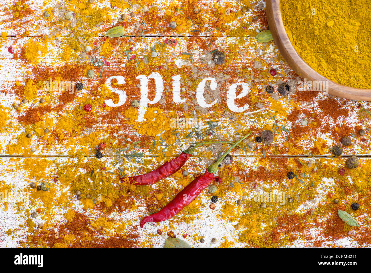 scattered spices with word Spice Stock Photo - Alamy