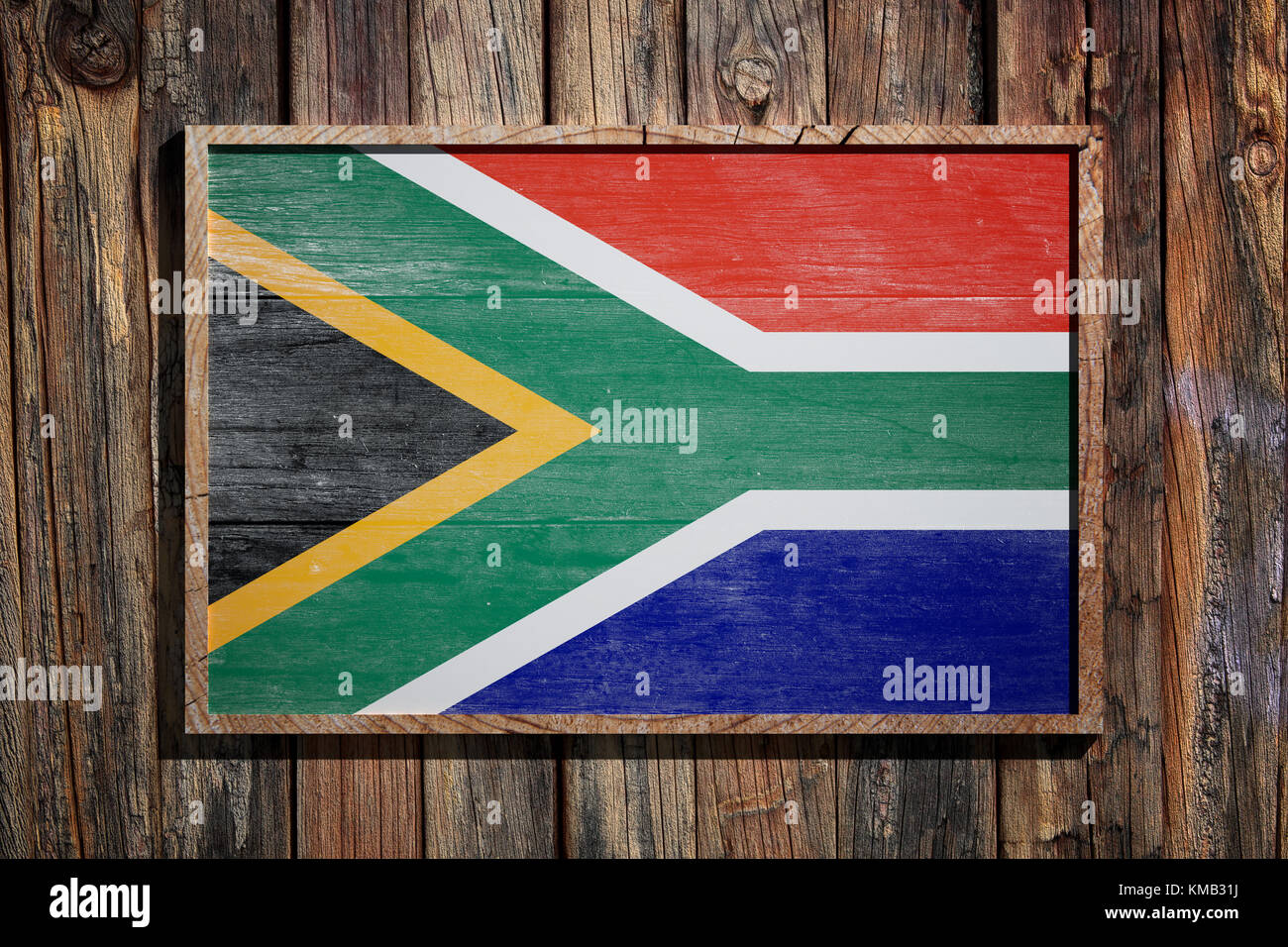 3d rendering of South Africa flag on a wooden frame over a planks wall ...