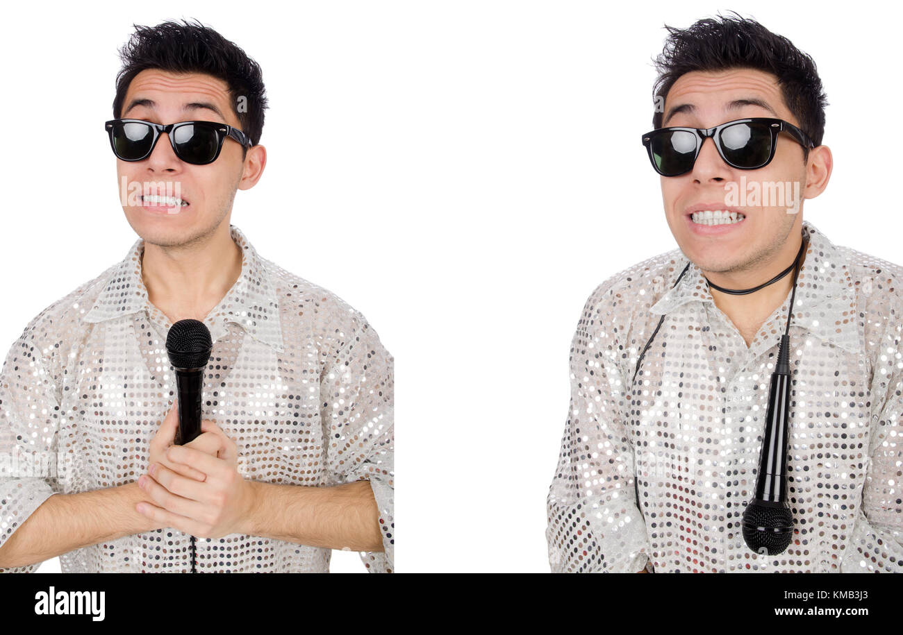 Man with mic isolated on white Stock Photo - Alamy