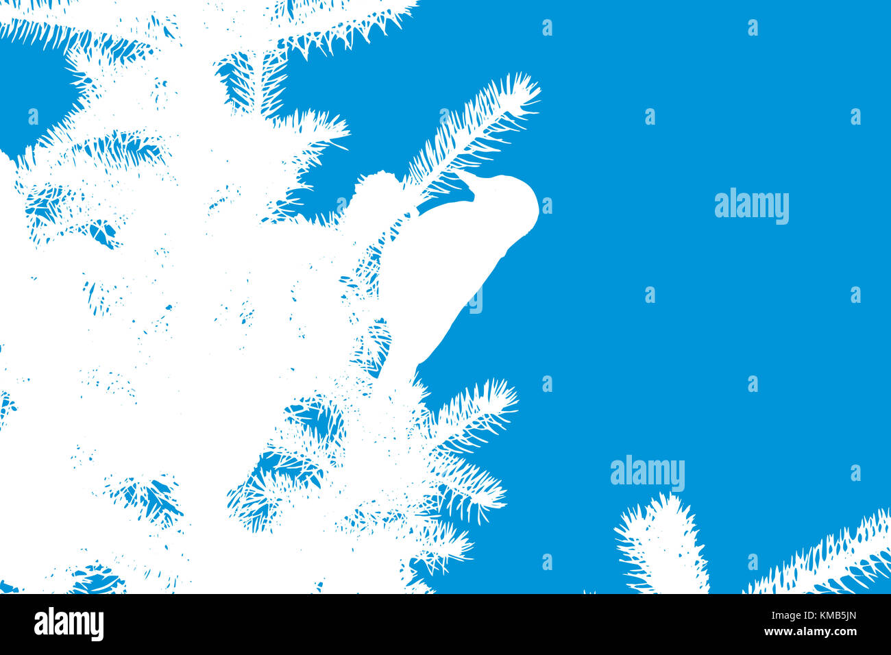 white and blue plot of a Christmas tree and a bird on it , winter ...