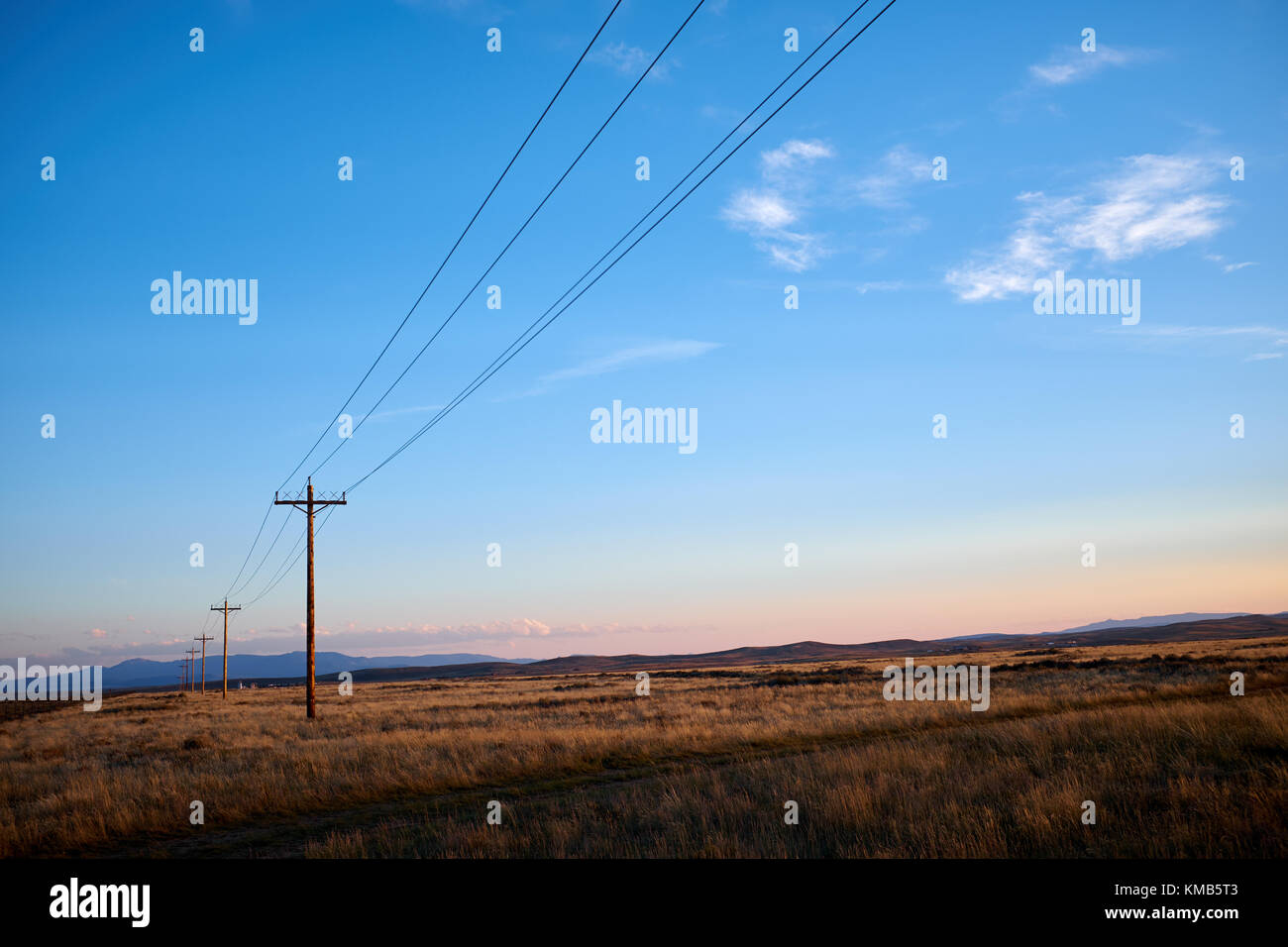 Row of electricity poles with high voltage cables in a receding view in ...