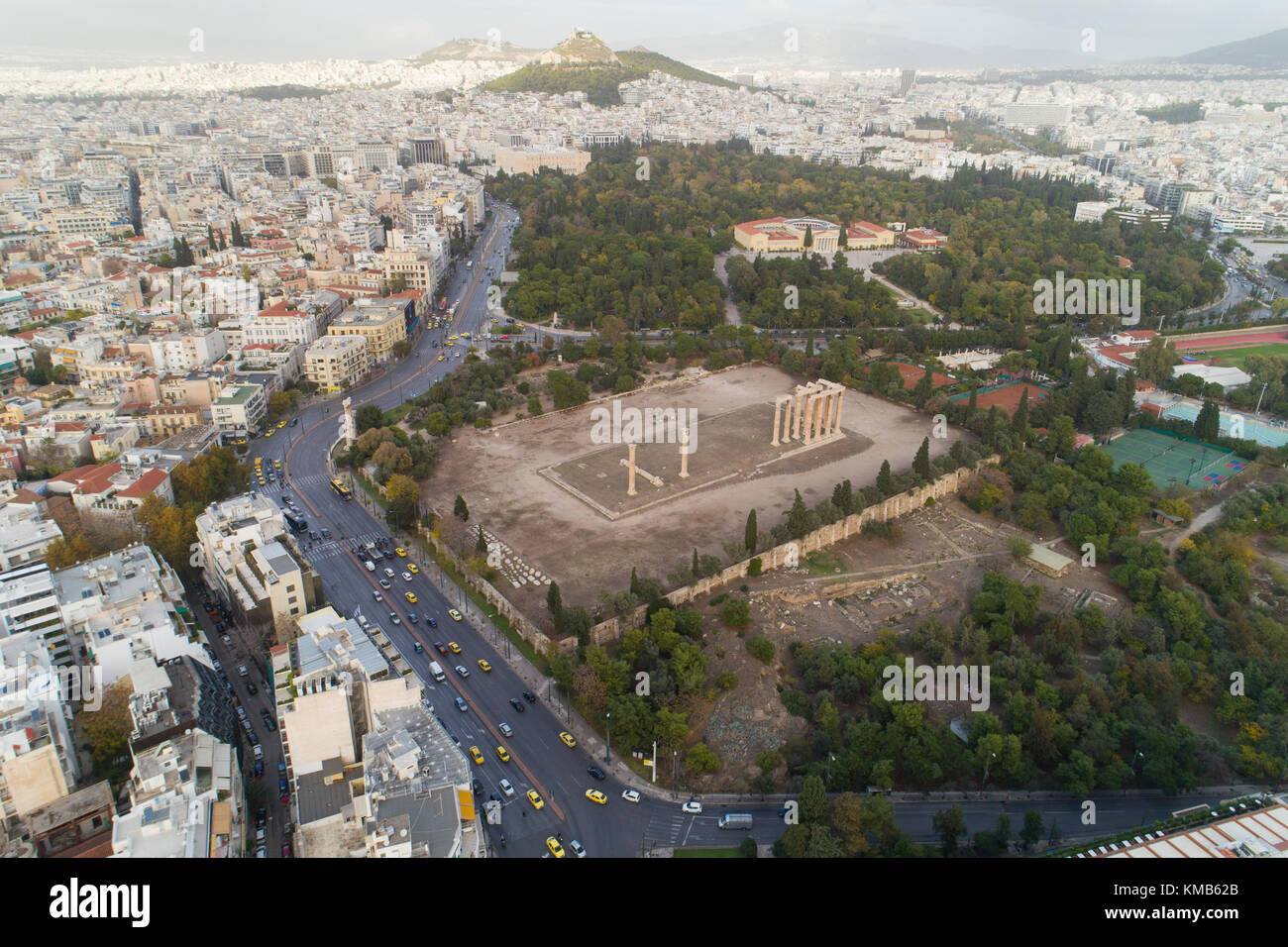 aerial view of Temple of Zeus at Olympia in Athens and modern part of ...