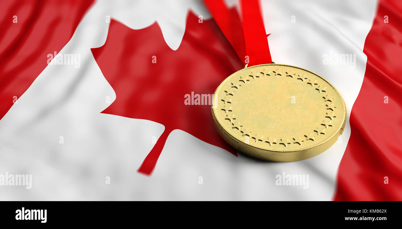 Gold medal on waving Canada flag. Horizontal, full frame, closeup view ...