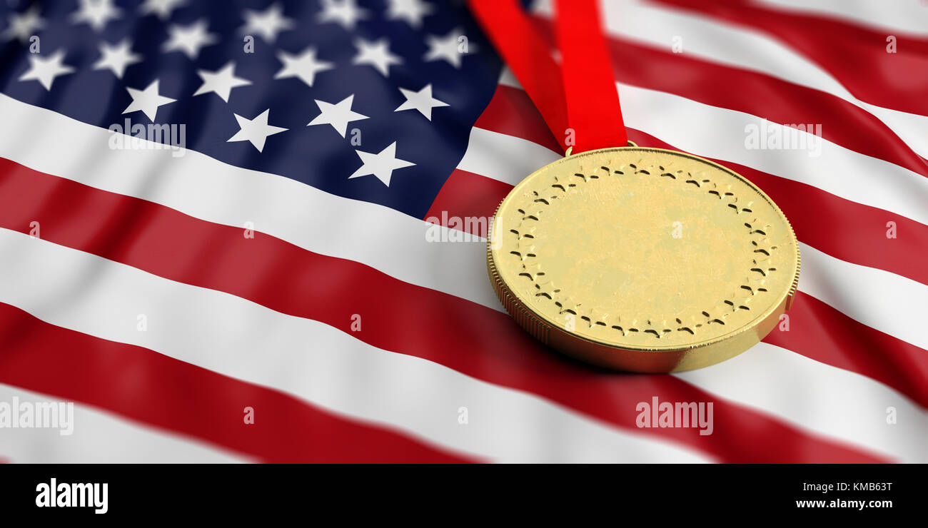 Gold medal on waving America flag. Horizontal, full frame, closeup view ...