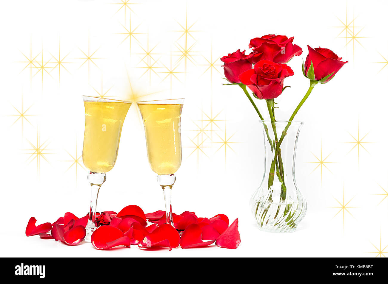 Champagne toast with roses on white background Stock Photo - Alamy