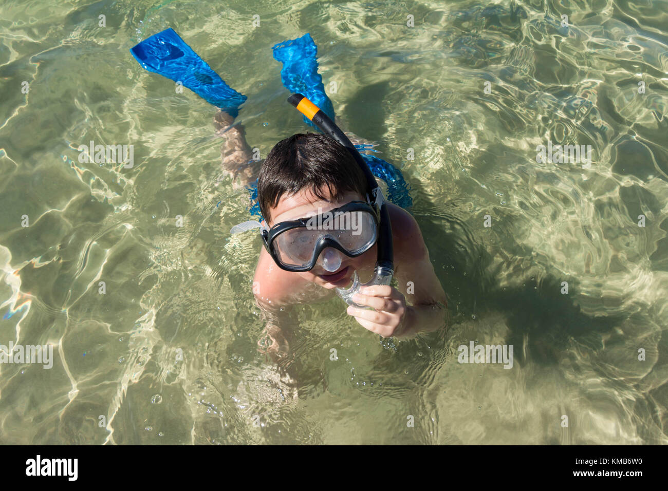 Joyful boy going to scuba diving in sea Stock Photo - Alamy