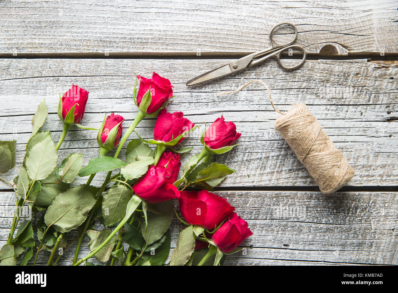 Flowers of roses and scissors with thread Stock Photo - Alamy