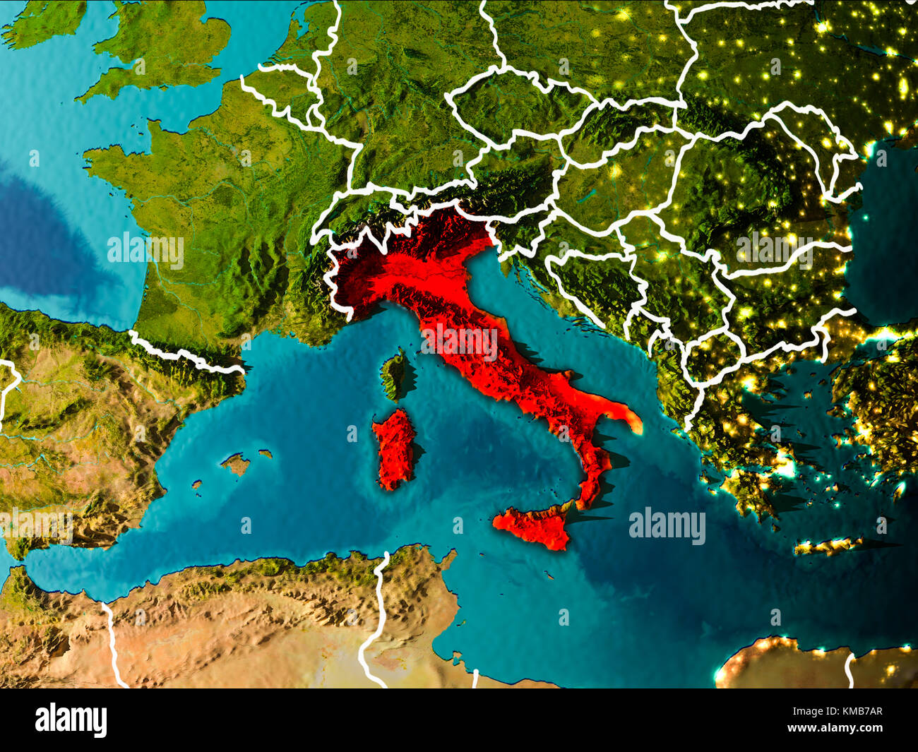 Italy in the morning highlighted in red on planet Earth with visible ...