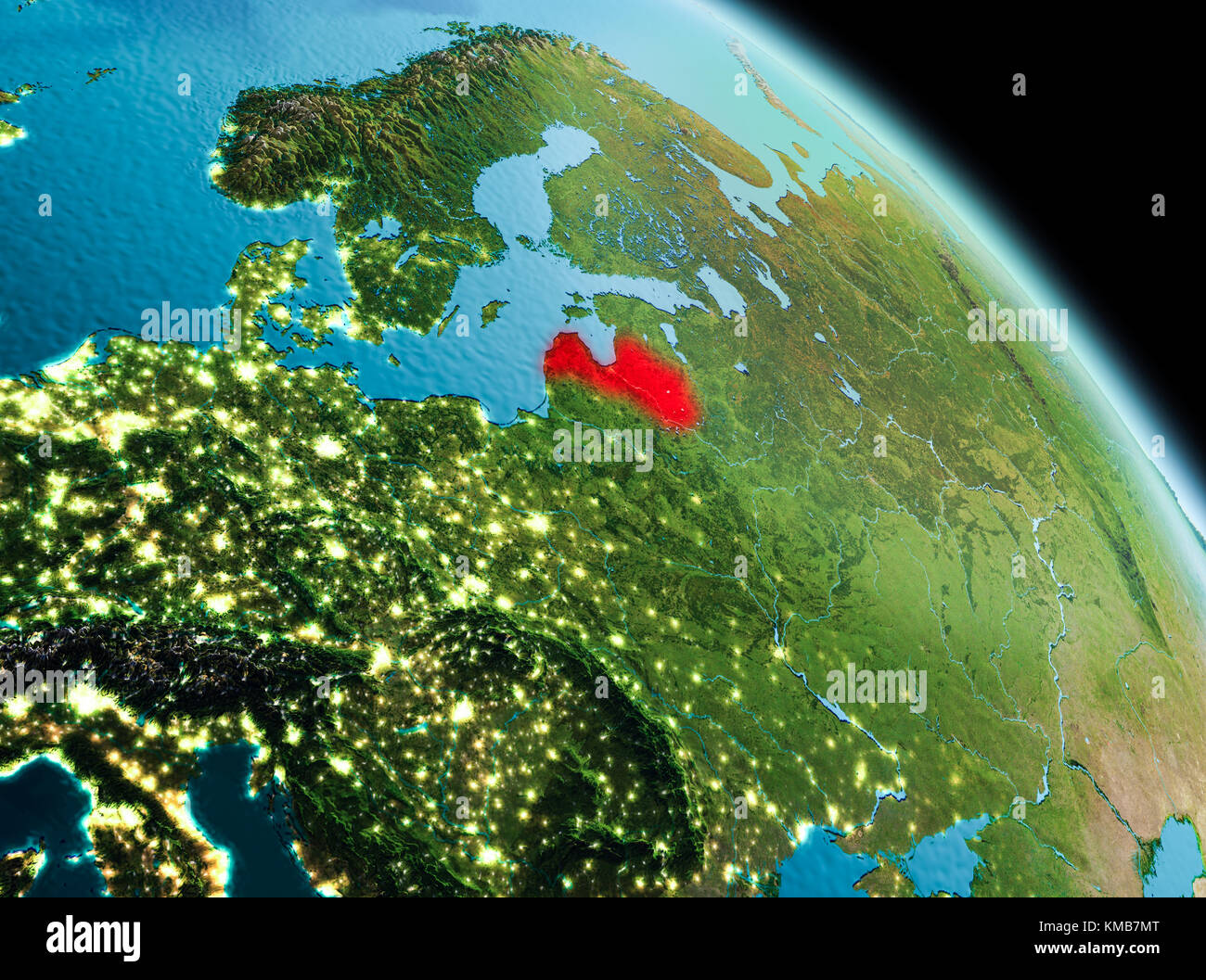 Satellite morning view of Latvia highlighted in red on planet Earth. 3D illustration. Elements ...
