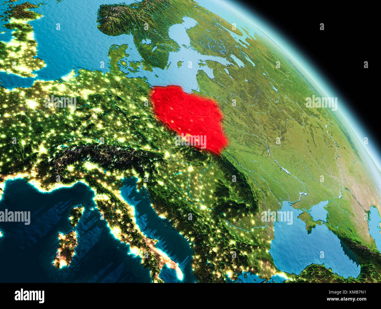 Satellite morning view of Poland highlighted in red on planet Earth. 3D illustration. Elements ...