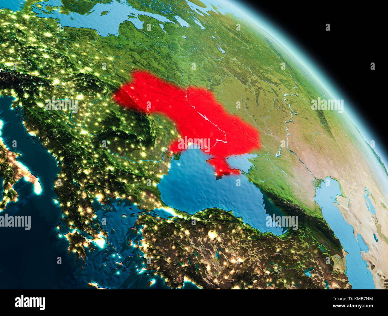 Satellite morning view of Ukraine highlighted in red on planet Earth ...