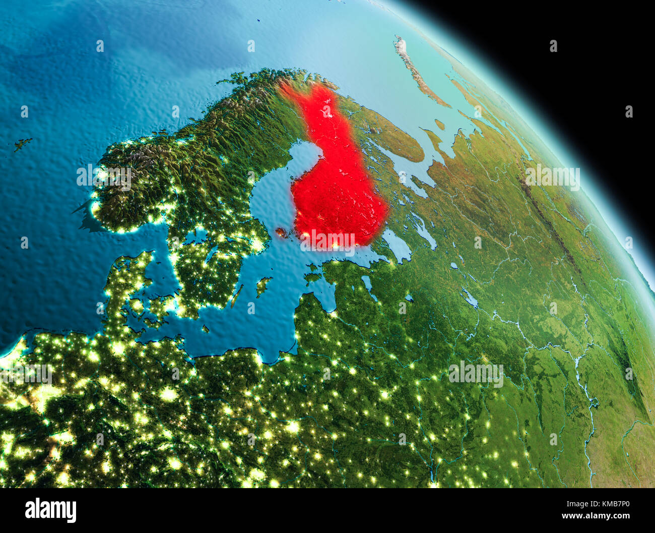 Satellite morning view of Finland highlighted in red on planet Earth ...