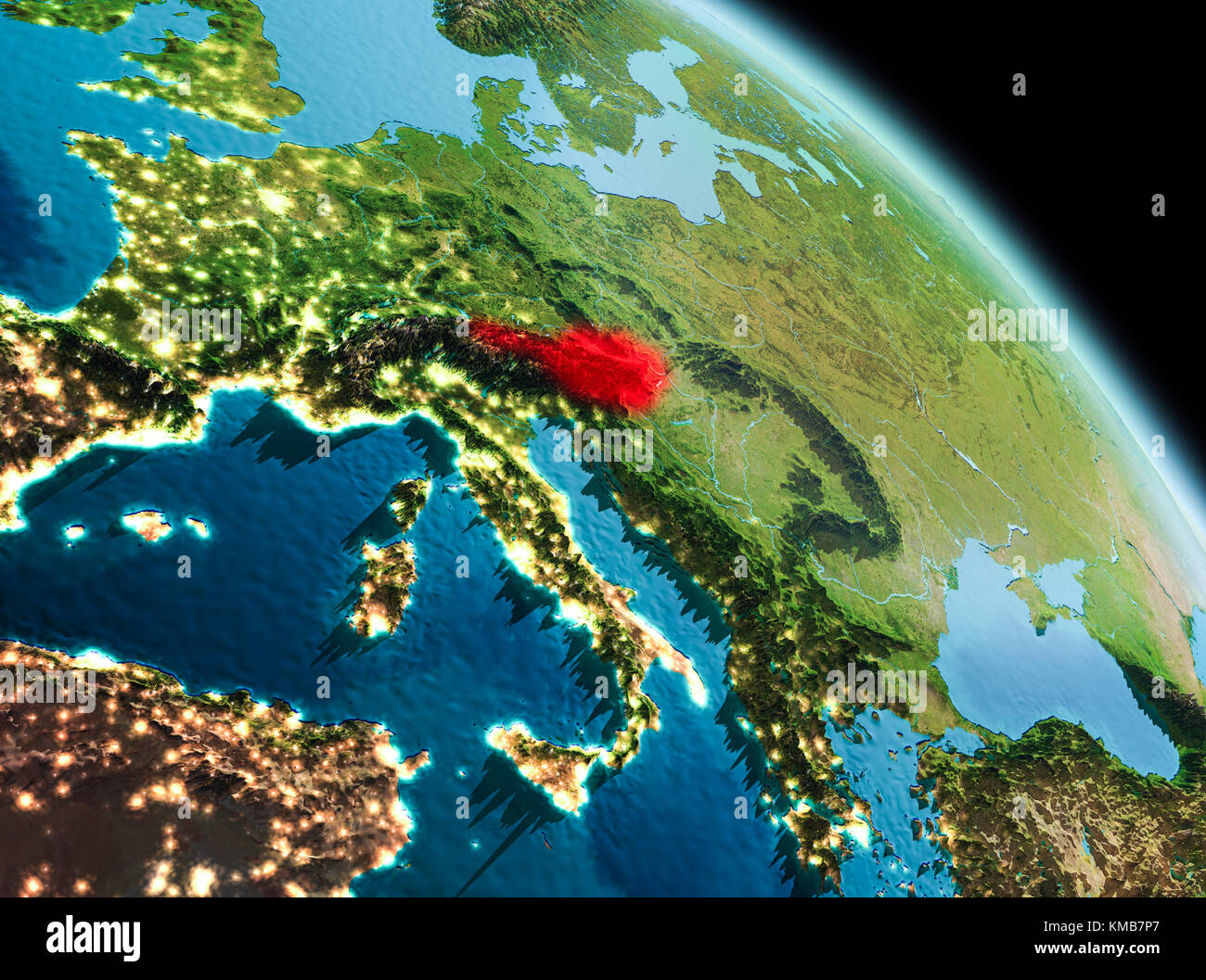 Satellite morning view of Austria highlighted in red on planet Earth. 3D illustration. Elements ...