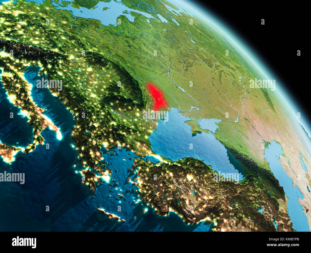 Satellite morning view of Moldova highlighted in red on planet Earth. 3D illustration. Elements ...