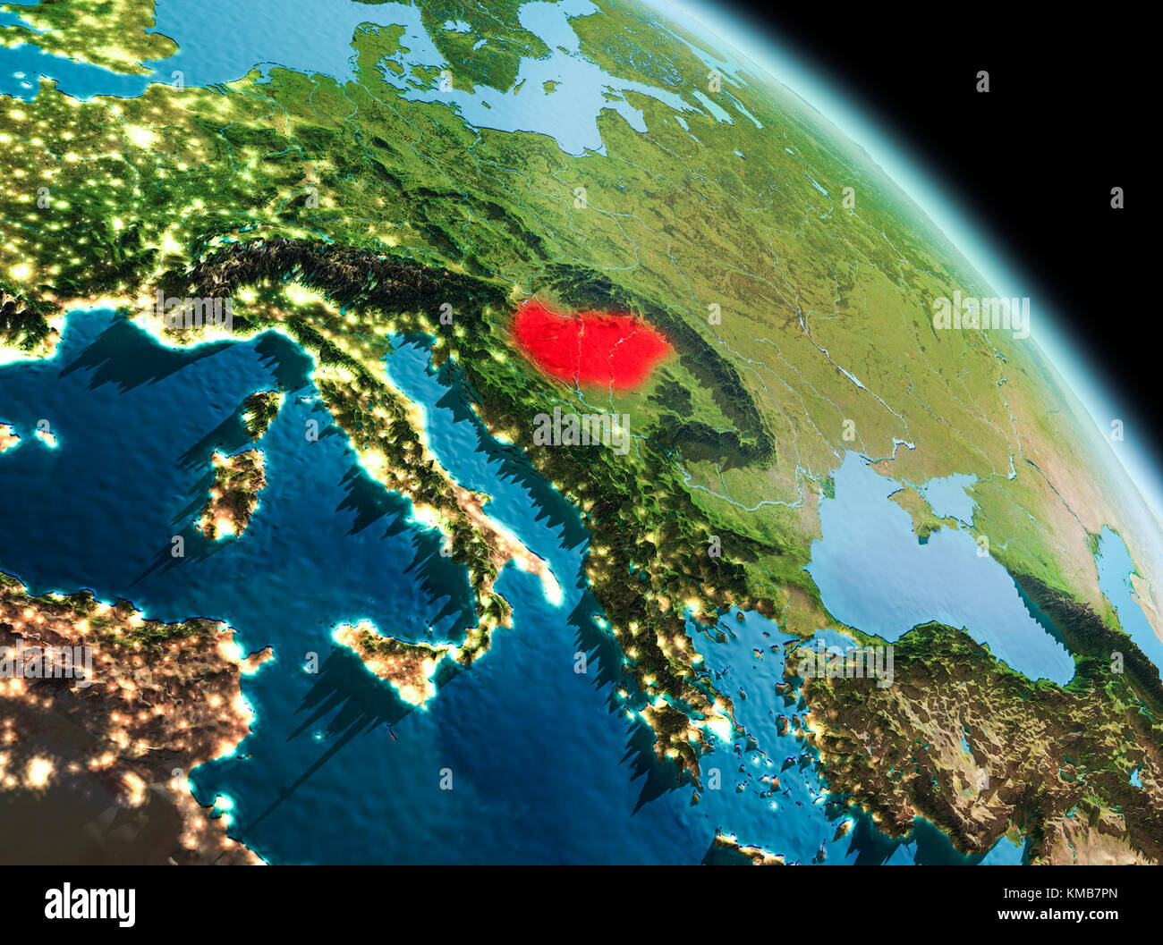 Satellite morning view of Hungary highlighted in red on planet Earth. 3D illustration. Elements ...